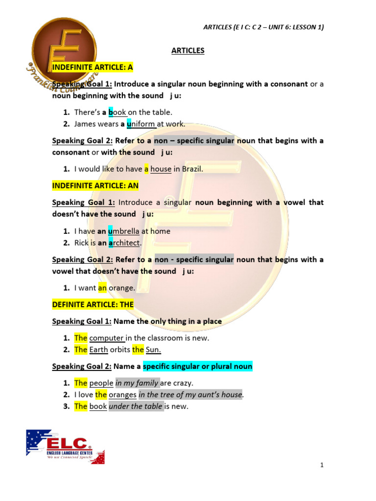 Articles - Lesson 1 | PDF | Grammatical Number | Noun