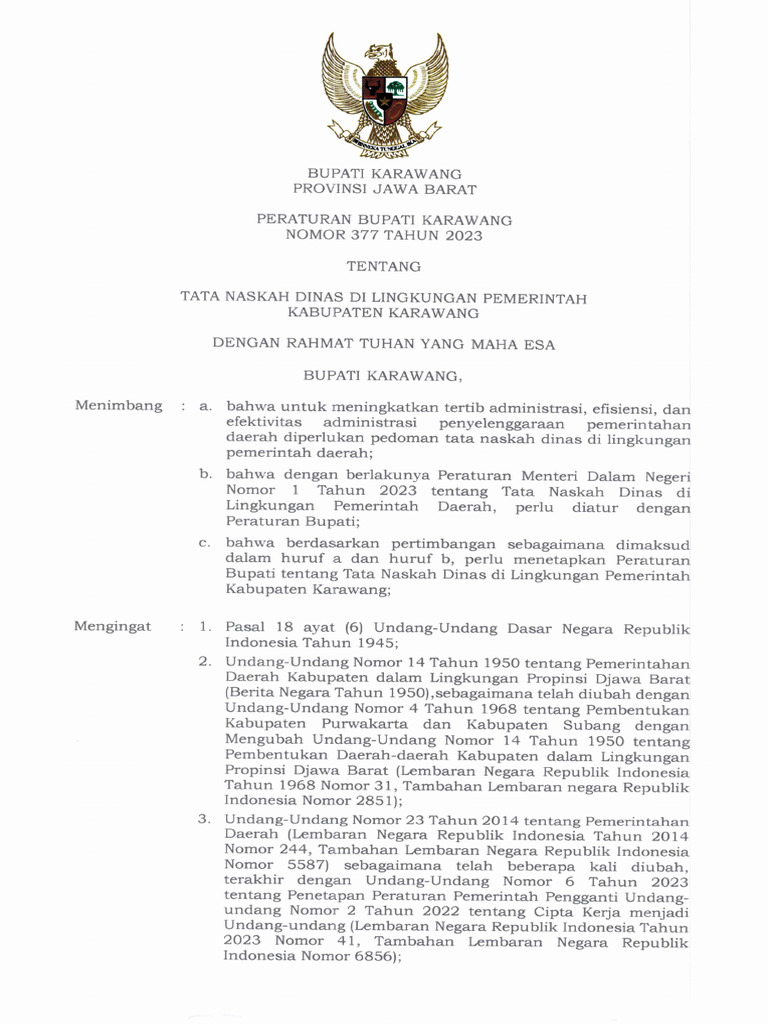 Perbup Tata Naskah Dinas 377 - 2023 | PDF