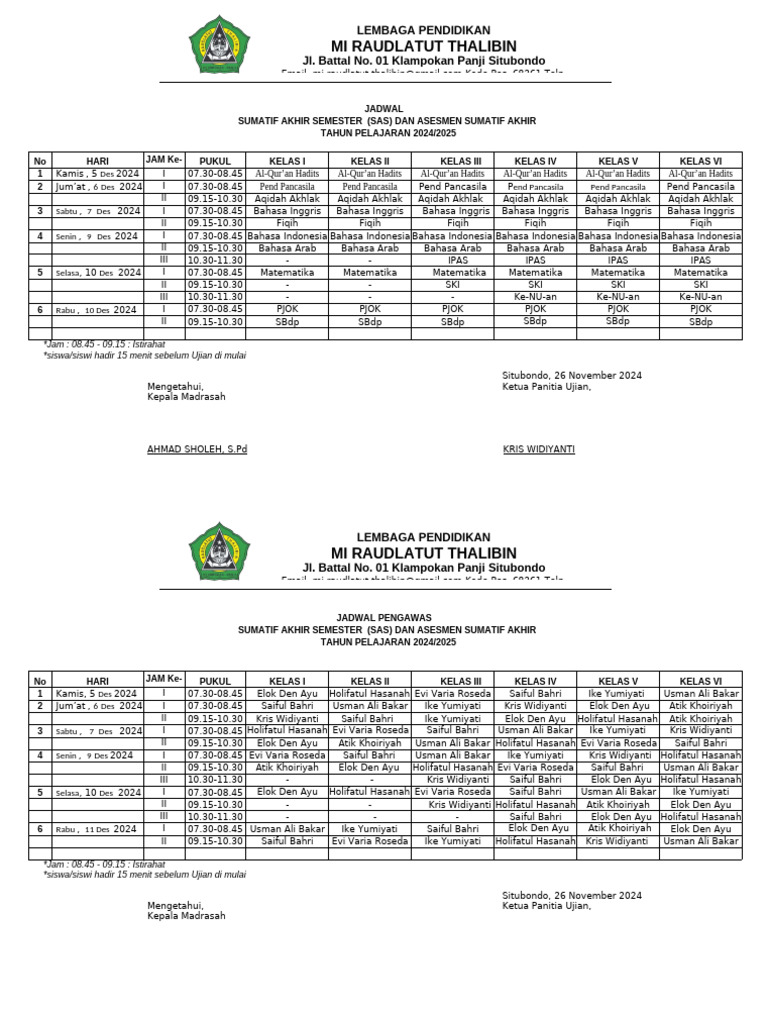 Jadwal Sas 1 Kelas 1-6 2024-2025 | PDF