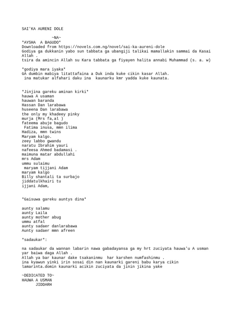 Sai Ka Aureni Dole Aysha Bagudo Novels - Com .NG | PDF