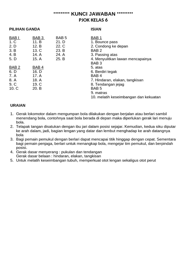 Kunci Jawaban Sas Pjok Kelas 6 | PDF