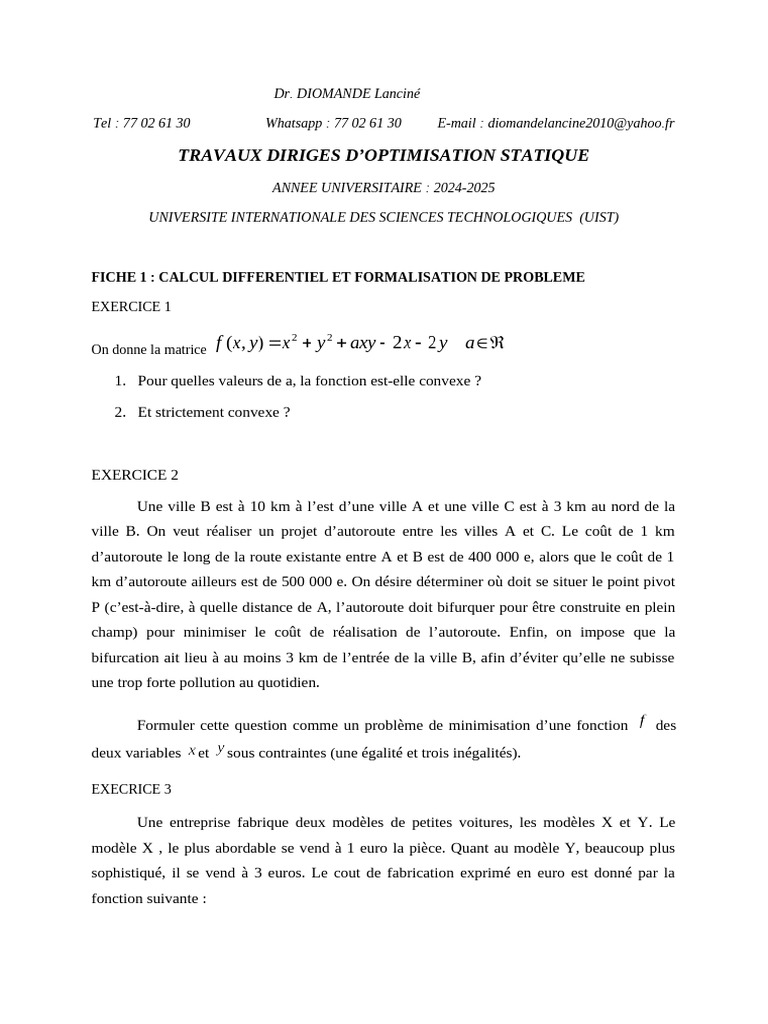 Optimisation Statique: Exercices Pratiques | PDF | Optimisation mathématique | euro