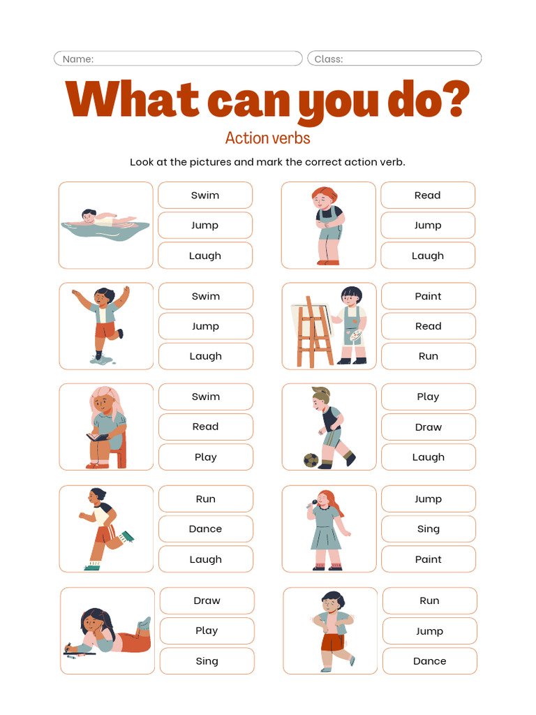 Orange White Illustrative Action Verbs Worksheet | PDF