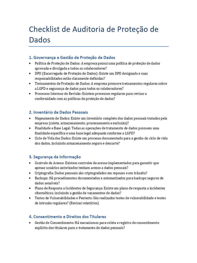 Checklist Completa de Auditoria LGPD | PDF | Segurança de computadores ...