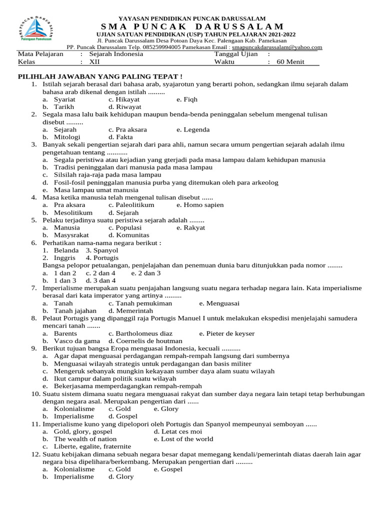 Ujian Sejarah Indonesia Kelas XII | PDF