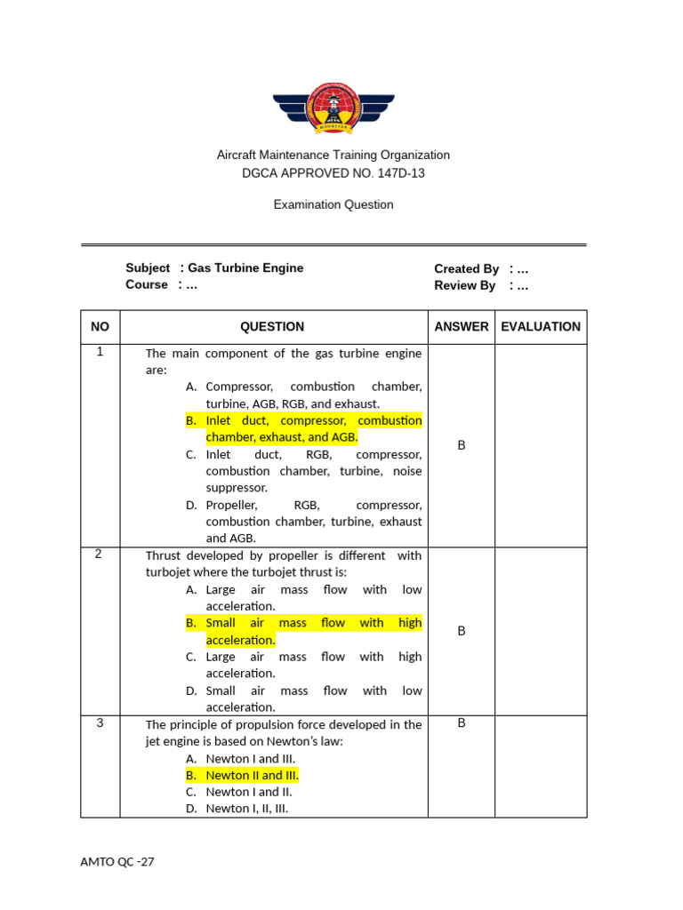 Examination - Question - Form - (GTE) VX - II 100 | PDF | Jet Engine ...