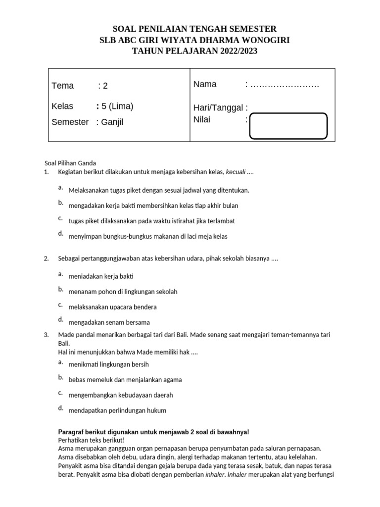 PTS Kelas 5 Tema 2 | PDF