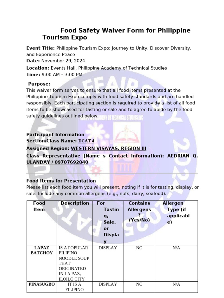 Food Safety Waiver Form For Philippine Tourism Expo | PDF | Cuisine ...