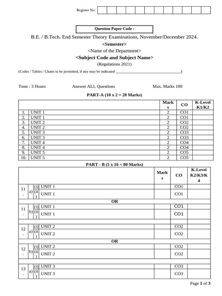 B.E./B.Tech Exam Question Paper Template | PDF