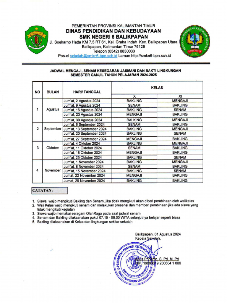 Jadwal Bakling, Senam, Mengaji (SMKN6) | PDF