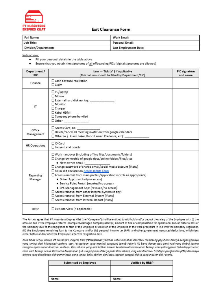 Exit Clearance Form Instructions | PDF
