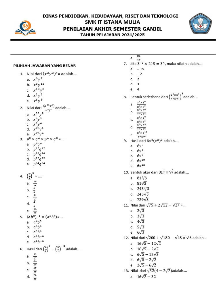 Soal Pas MTK SMK Kelas 10 | PDF