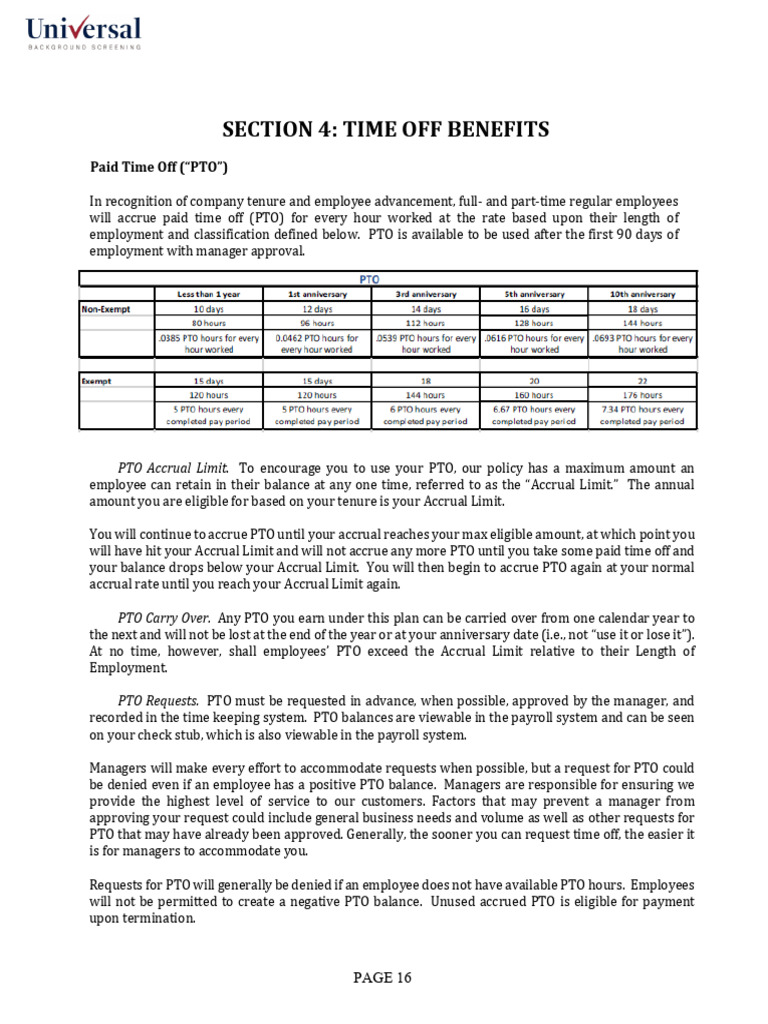 PTO Policy From Employee Information Guide | PDF | Accrual | Business ...