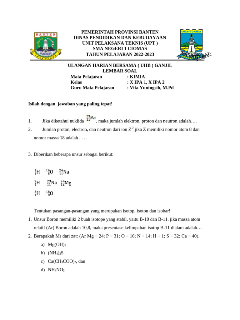 Soal Uhb Kimia Kelas X Ganjil 2022-2023 | PDF