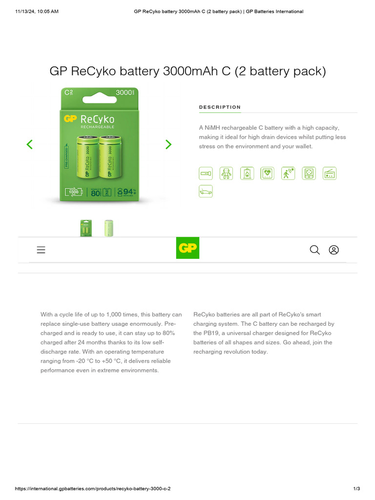 GP ReCyko Battery 3000mah C (2 Battery Pack) - GP Batteries ...