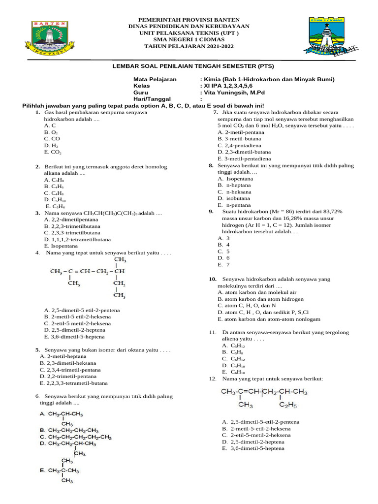 SOAL PTS KIMIA KELAS XI- HIDROKARBON 2021 | PDF