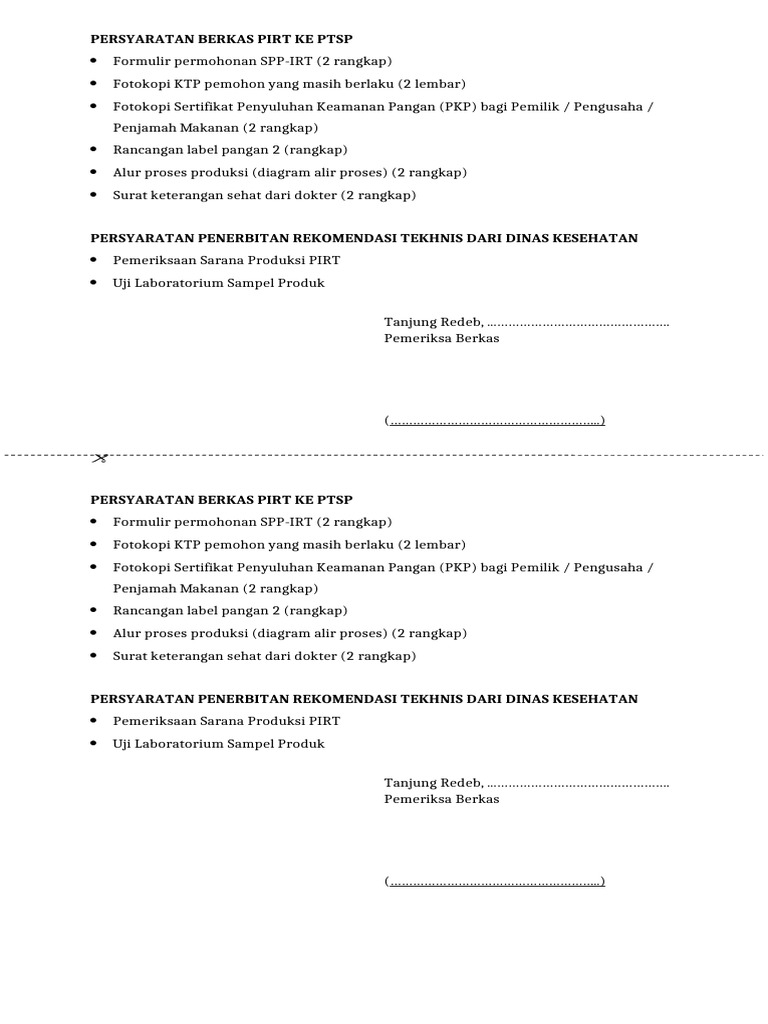 Persyaratan Berkas PIRT (PTSP) | PDF