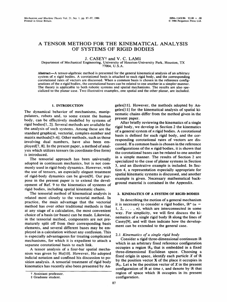 Casey & Lam — A tensor method for the kinematical analysis of systems of rigid bodies | PDF ...