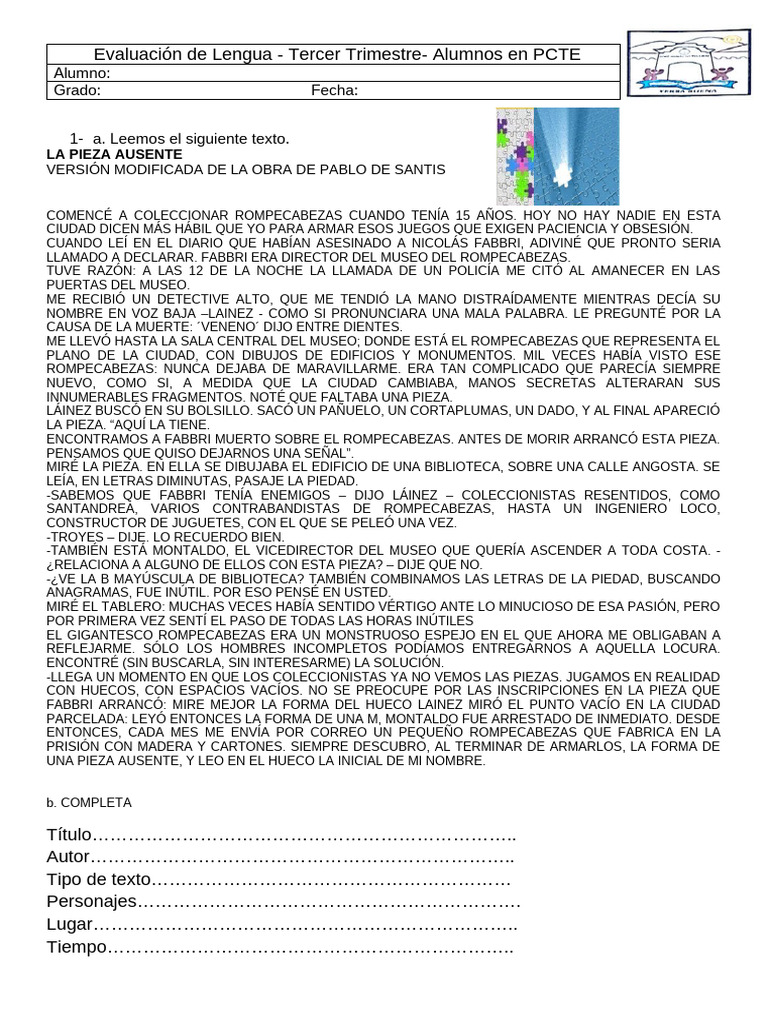 Evaluacion Lengua PCTE 6TO | PDF