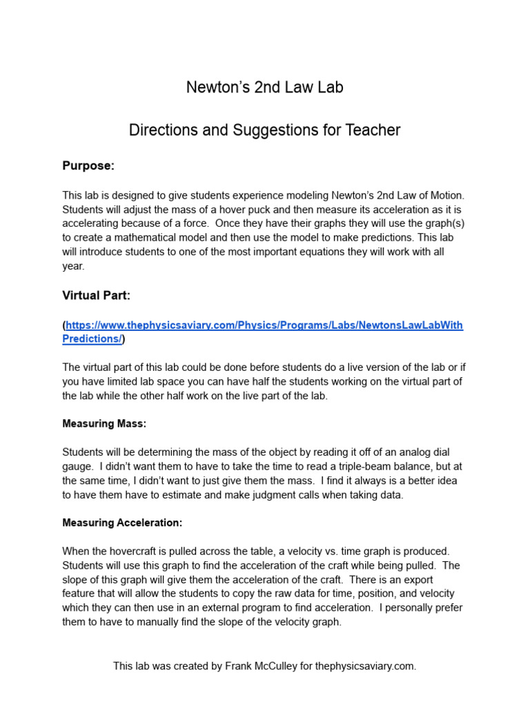 Newton 2 ND Law Lab Teacher Guide | PDF | Force | Mass