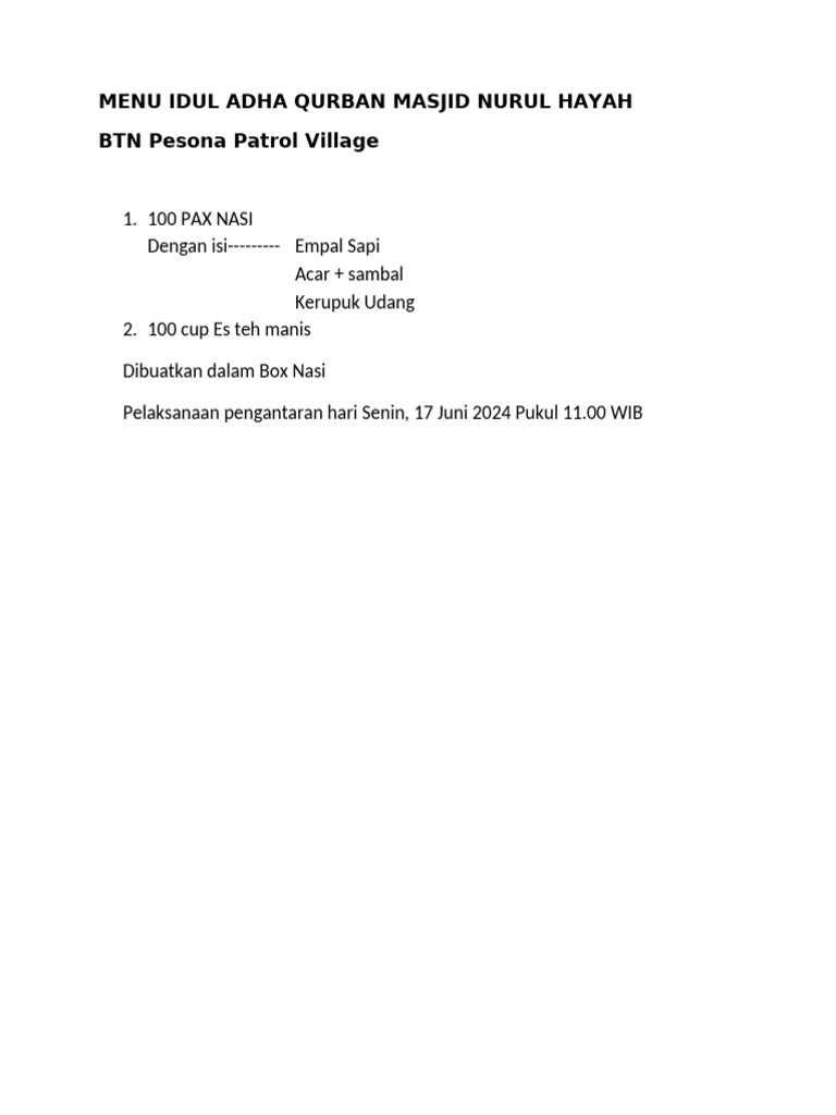 Menu Idul Adha Qurban Masjid Nurul Hayah | PDF