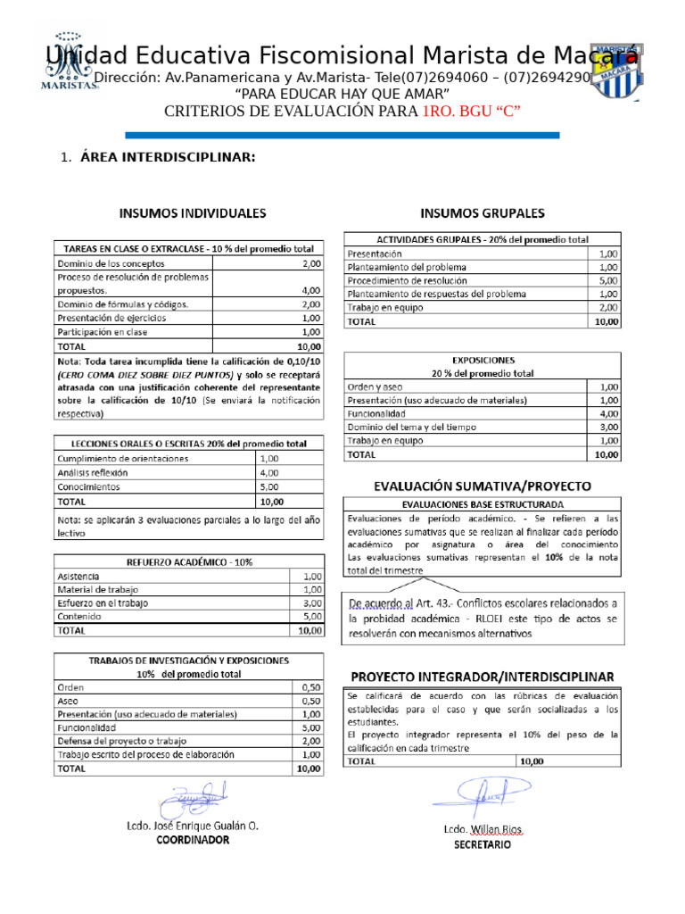 Criterios de Evaluación de 1ro Bgu c-1451715983279 | PDF