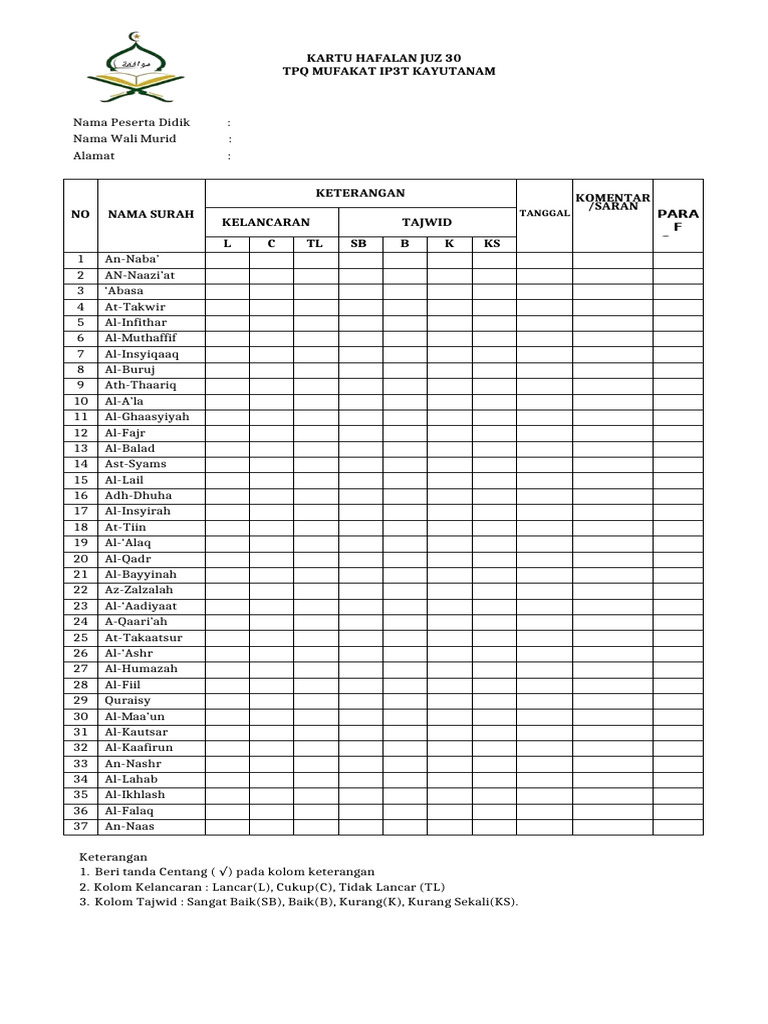 Kartu Hafalan Juz 30 | PDF