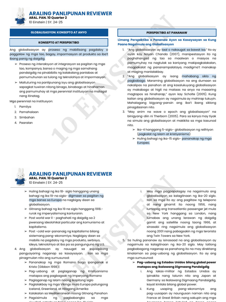 Araling Panlipunan Reviewer G10 Q2 24-25 | PDF