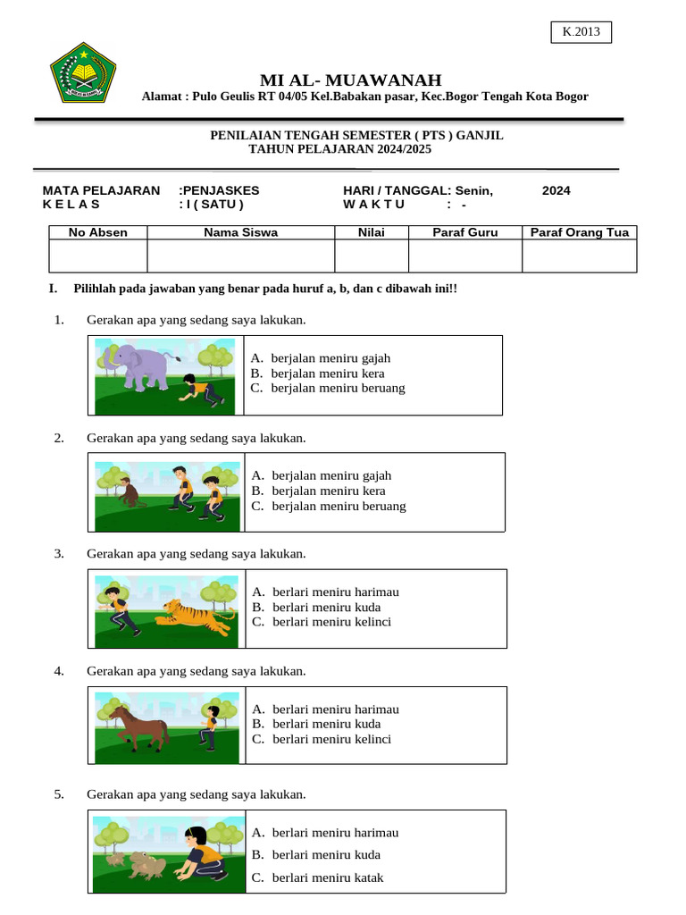 SOAL PJOK KELAS 1 PAS Edit | PDF