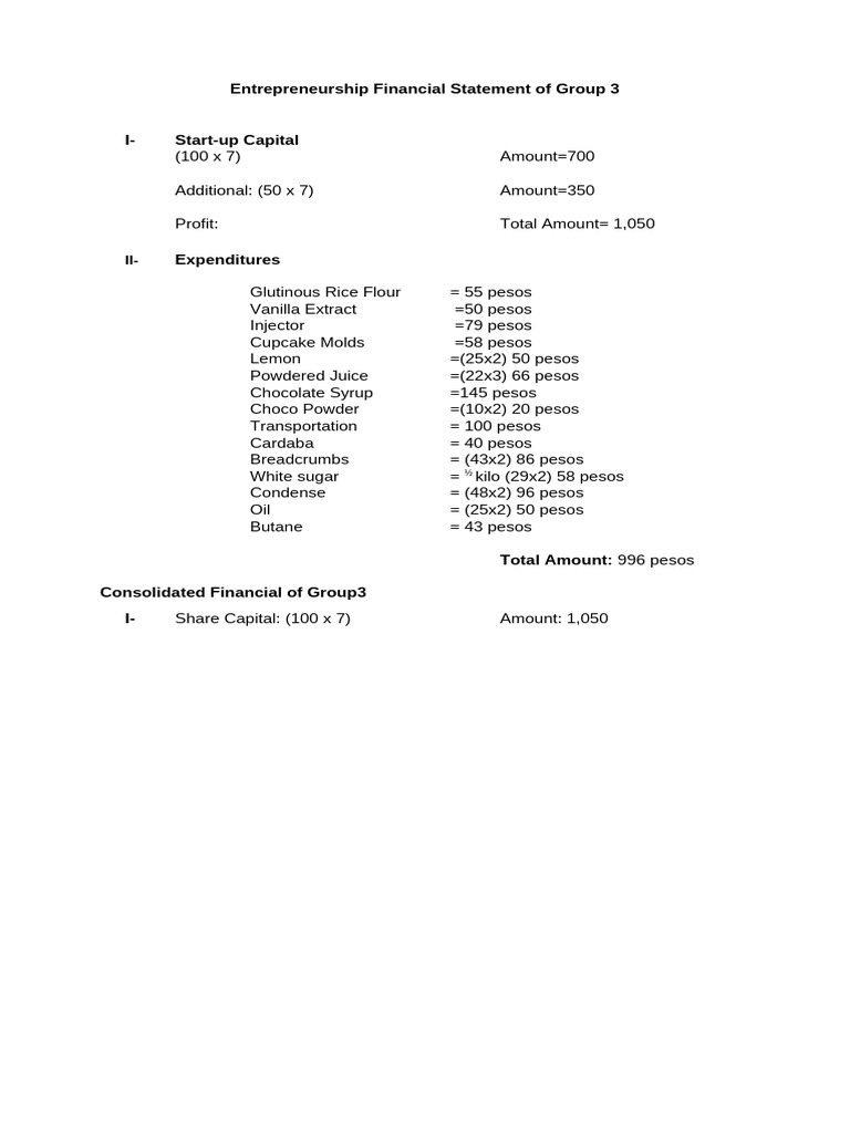 Group 3 Entrepreneurship Financials | PDF