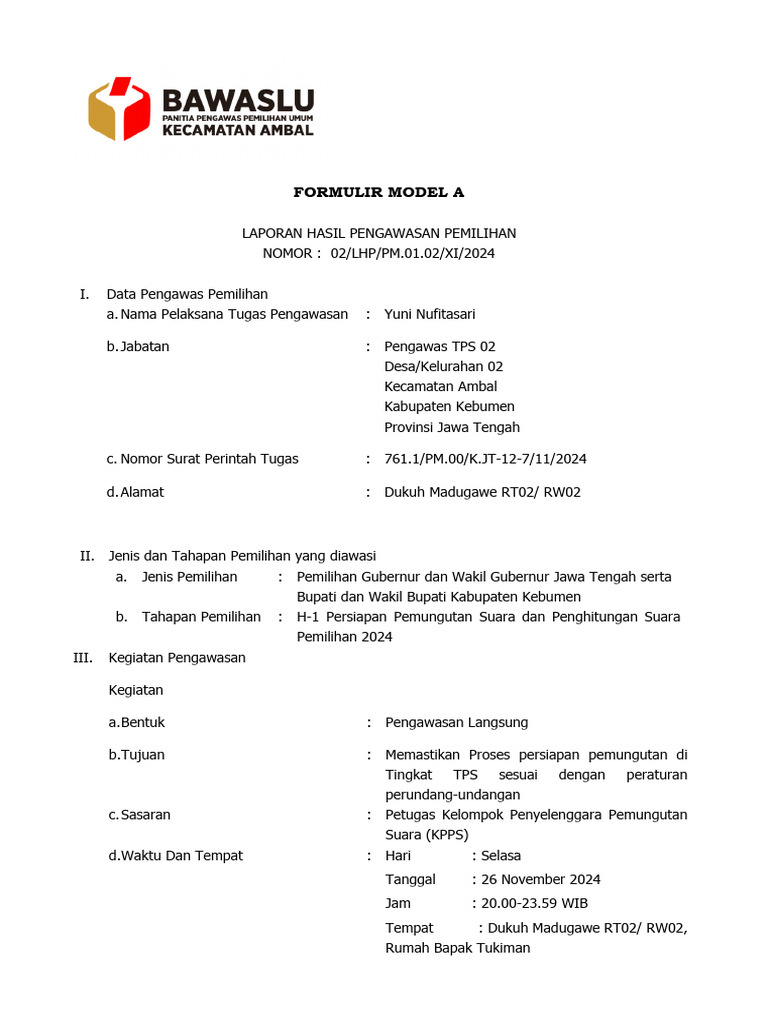 Form A Pengawasan Pilkada 2024 - (H-1 Persiapan Pemungutan ...