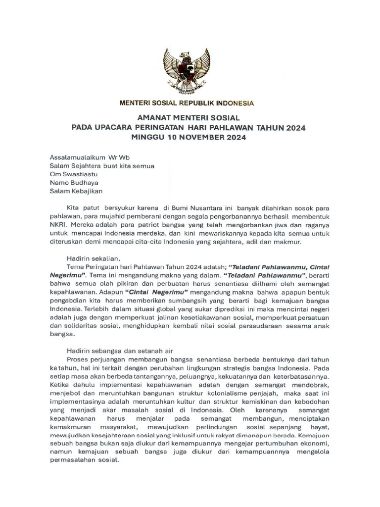 Amanat Pembina Upacara Hari Pahlawan Tahun 2024 | PDF