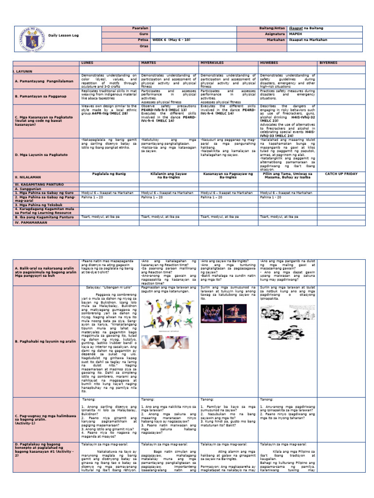 Mapeh 4 Q4 W6 DLL | PDF