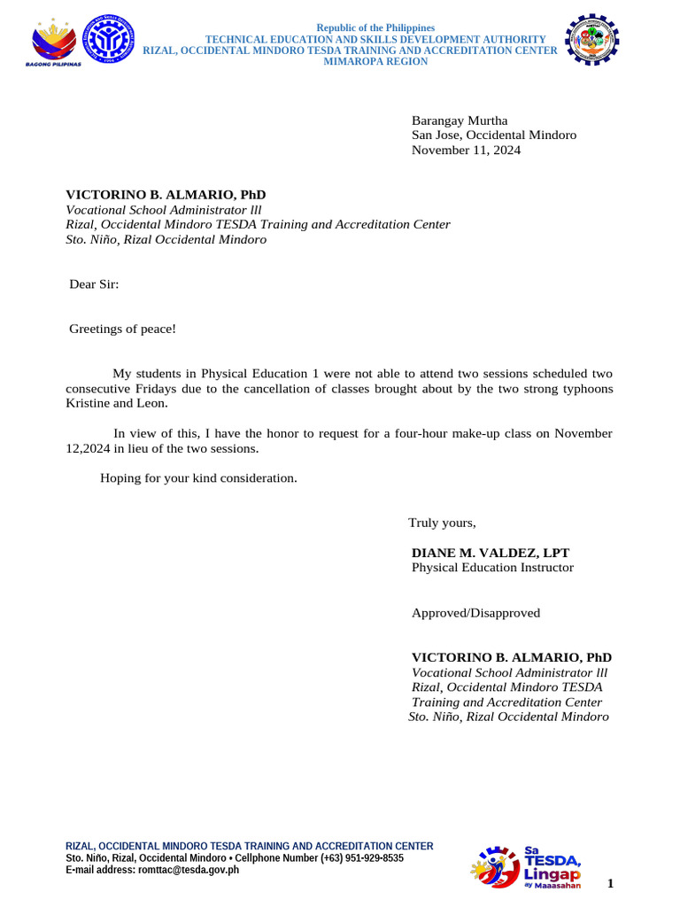 Request Letter TESDA Final | PDF | Educational Stages | Vocational ...