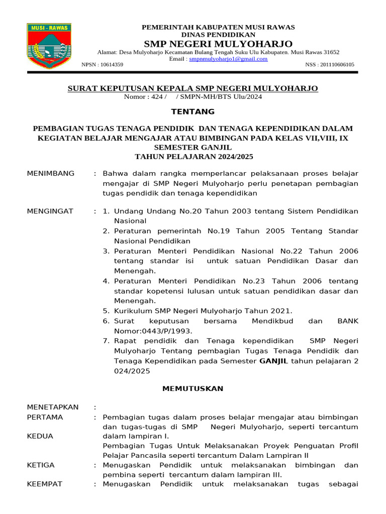 SK PEMBAGIAN TUGAS 2024-2025 Ganjil-1 | PDF