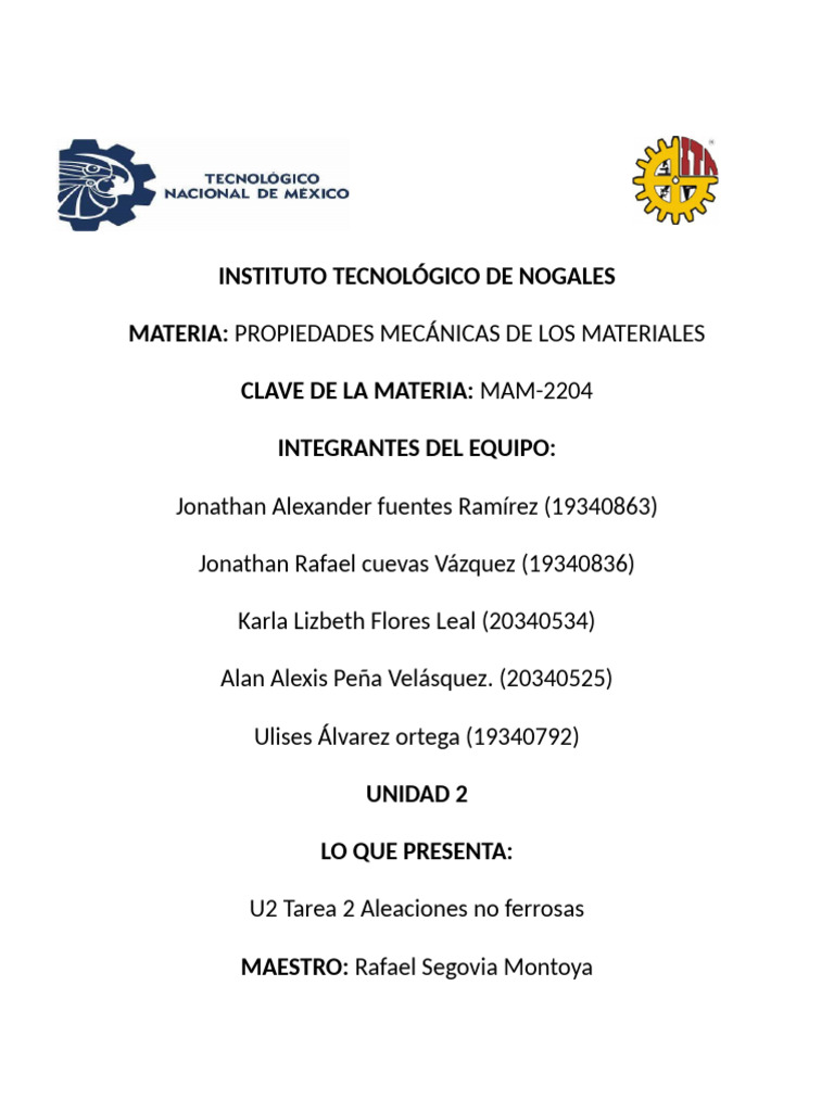 U2 Tarea 2 Aleaciones No Ferrosas | PDF | Aleación | Rieles