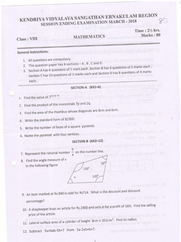 Class VIII Mathematics Session Ending Examination 2018 | PDF | Area ...