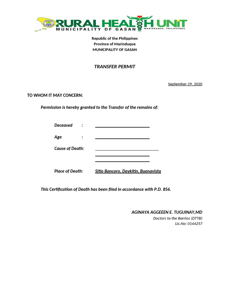 Transfer Permit (Cadaver) | PDF | Medicine | Human Diseases And Disorders