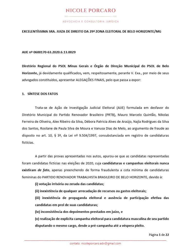 AIJE PRTB - Alegações Finais PSOL MODELO INTERESSANTE | PDF | Eleições ...