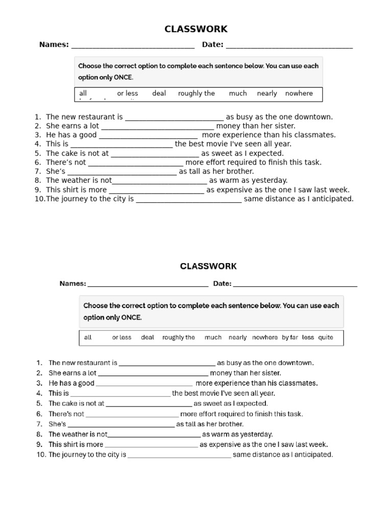 Making comparisons classwork | PDF