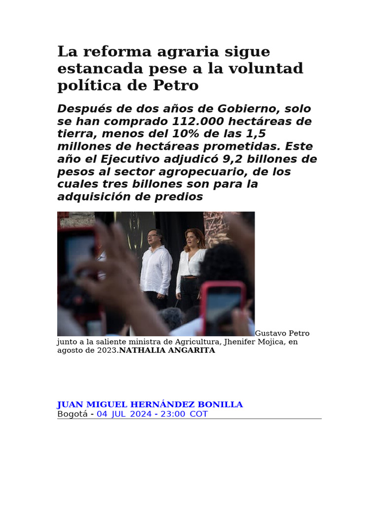 La Reforma Agraria Sigue Estancada | PDF | Reforma agraria | Colombia