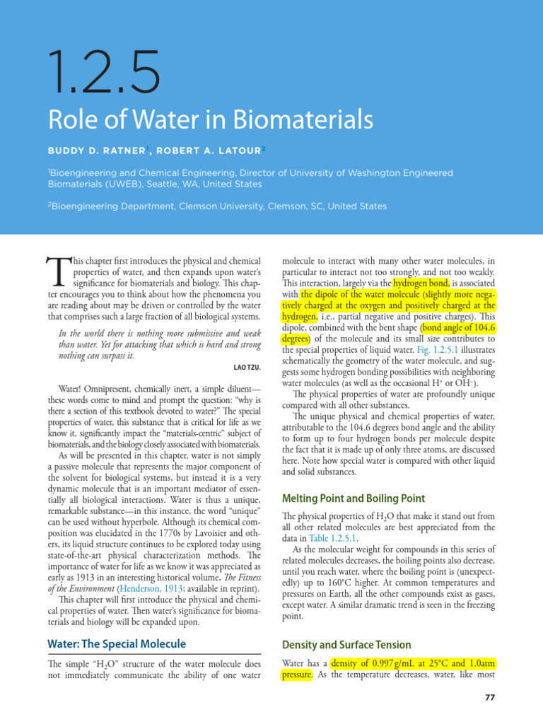 Role of Water in Biomaterials | PDF | Properties Of Water | Water