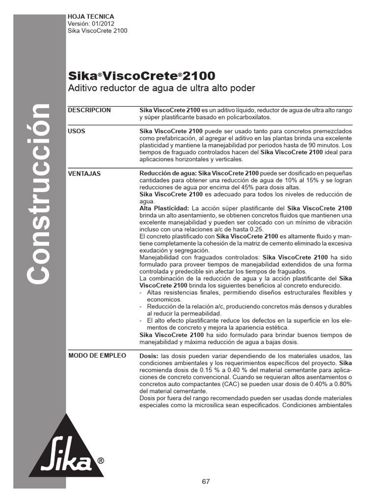 Pa-Ht - Sika Viscocrete 2100 | PDF | Hormigón | Materiales