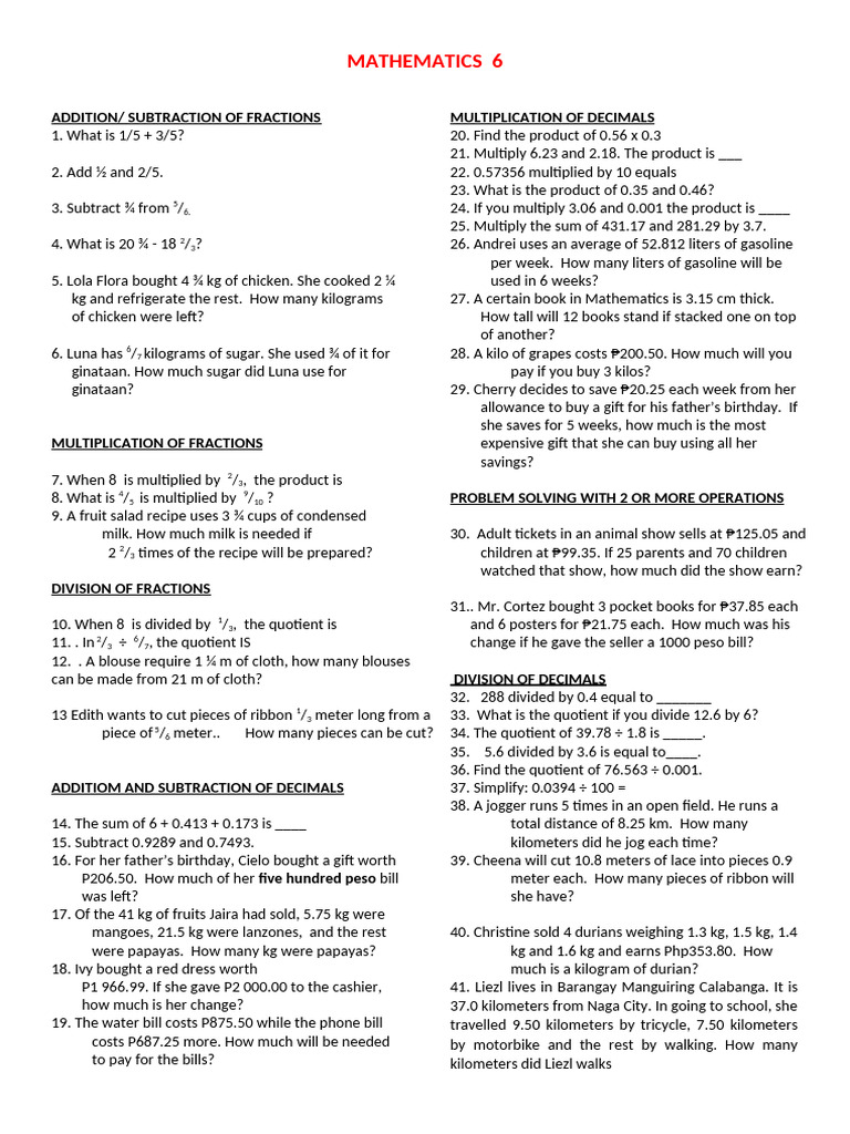 MATHEMATICS 6 REVIEWR | PDF | Multiplication | Arithmetic