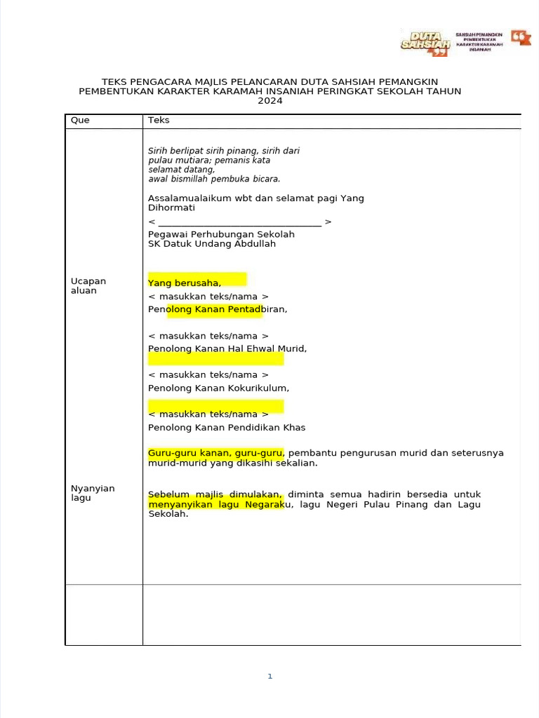 1.0 Teks Pengacara Majlis Peluncuran Duta Sahsiah 2024 | PDF