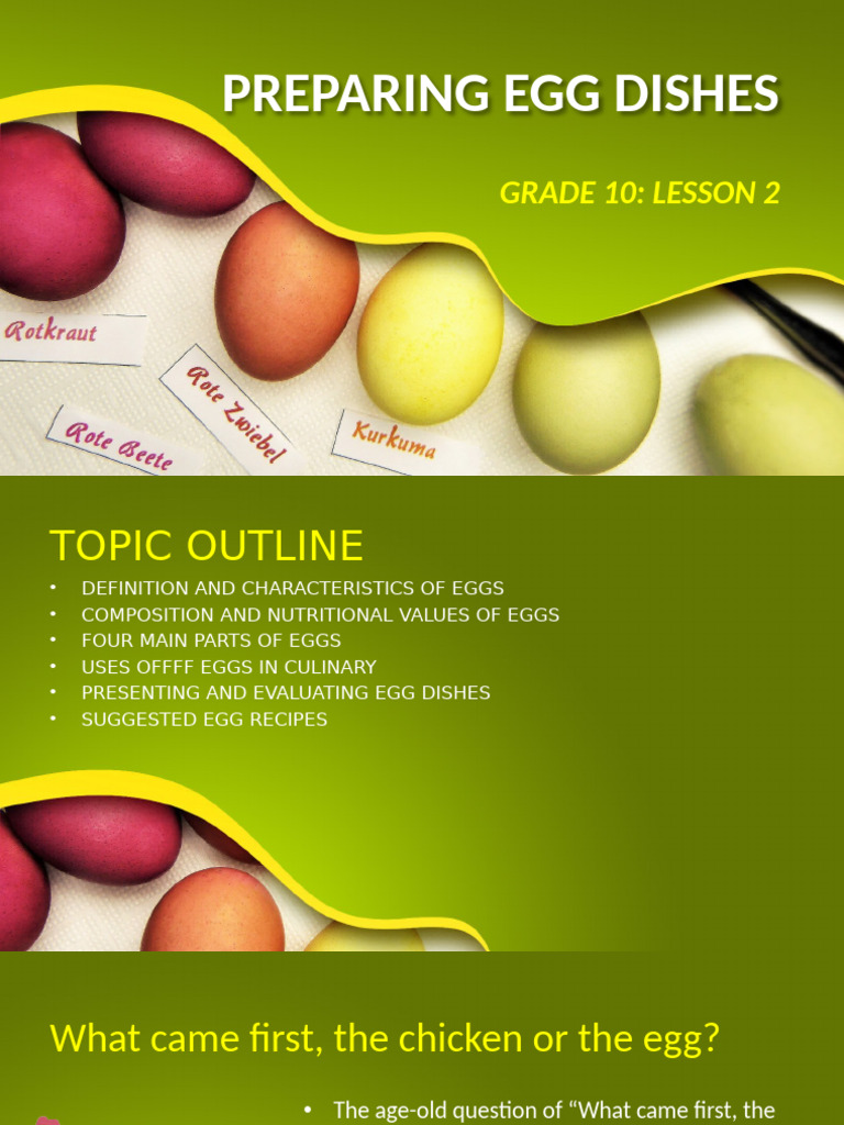 Lesson 2 Preparing Egg Dishhes | PDF | Cooking | Yolk