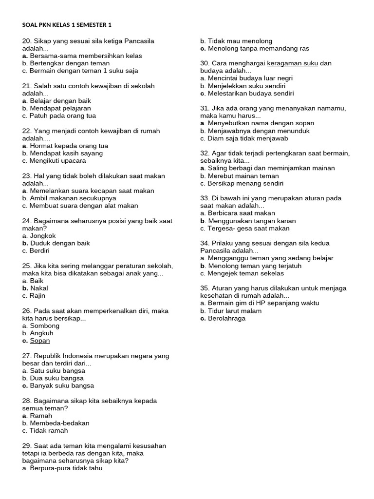 SOAL PKN KELAS 1 SEMESTER 1 bagian 2 | PDF