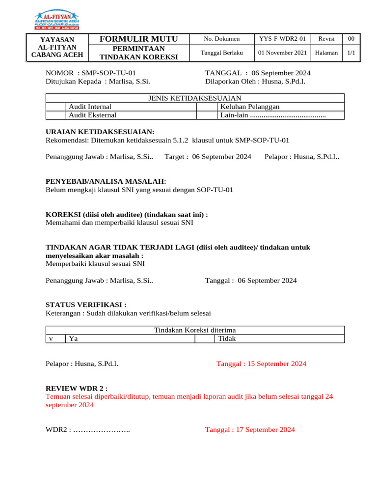 01. SMP-SOP-TU- 01- Permintaan Tindakan Koreksi (2) | PDF