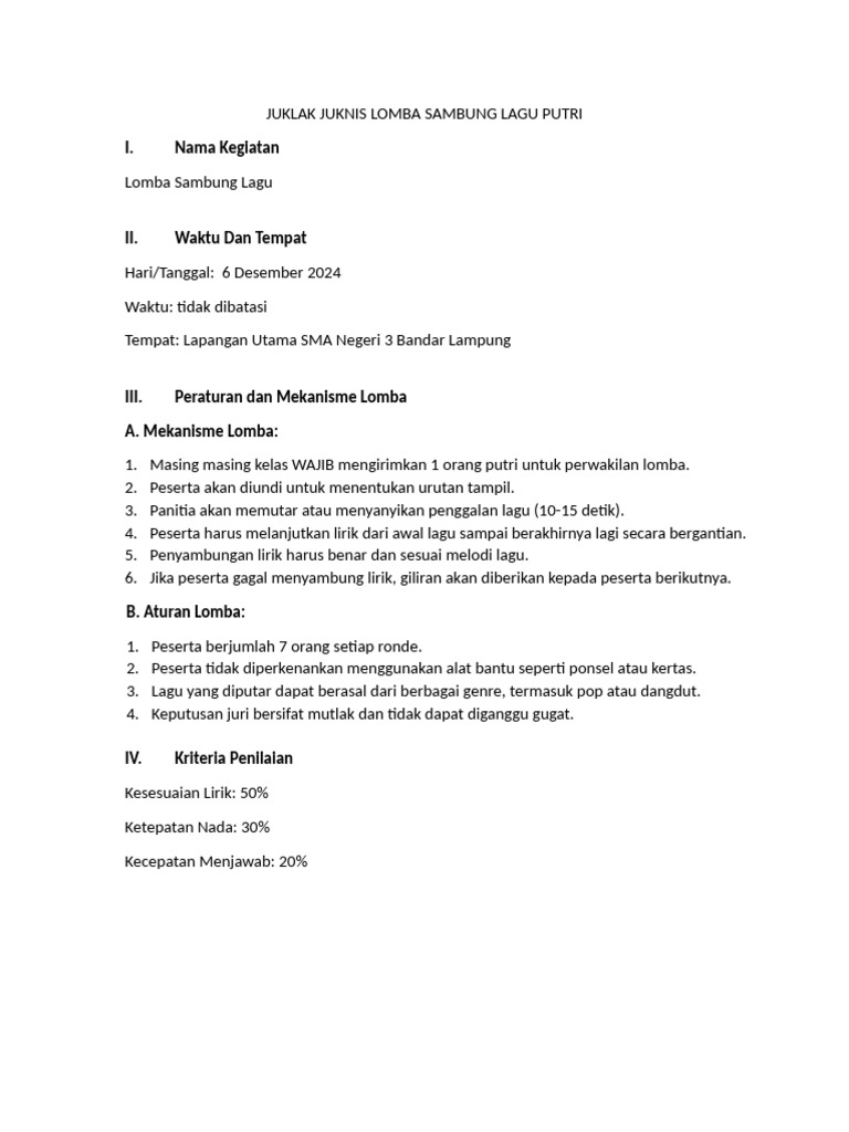 Juklak Juknis Sambung Lagu Putri | PDF