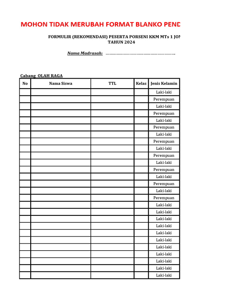 Blanko Pendaftaran PORSENI KKM MTs 1 Jombang 2024 (1) | PDF
